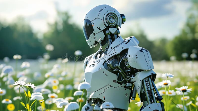 Futuristic Robot Enjoying Nature in a Wildflower Meadow: Concept of ...