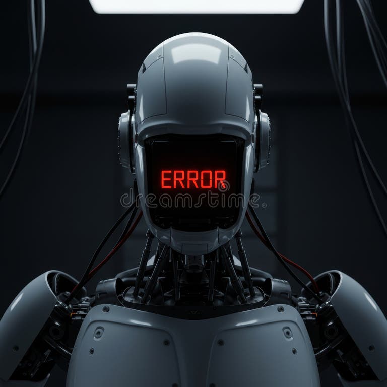 Futuristic Robot with Error Message Displayed on Face Screen in Dark ...