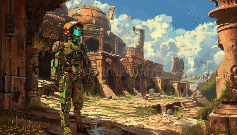 A Futuristic Robot Explores Ancient Ruins Under a Bright Sky Stock ...