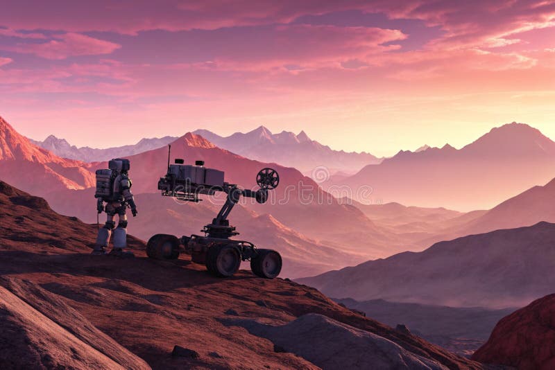 Futuristic Robot Explores Pink Sunset Mountain Landscape - Generated by ...