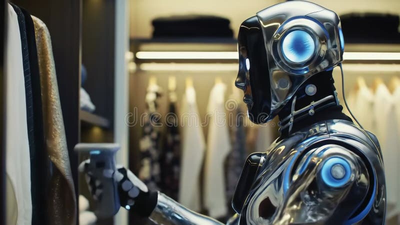 A Futuristic Robot Exploring Clothing Options in a Modern Wardrobe ...