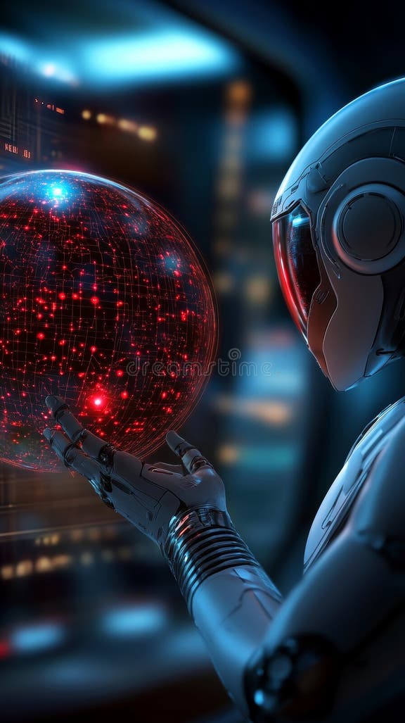 Futuristic Robot Exploring a Glowing Orb of Stars and Data in a High ...