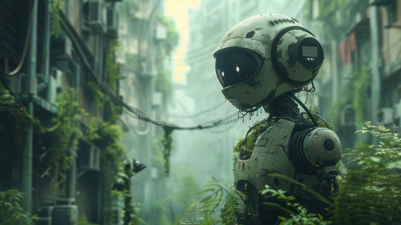 Futuristic Robot Exploring an Overgrown Cityscape in a Cinematic Scene ...