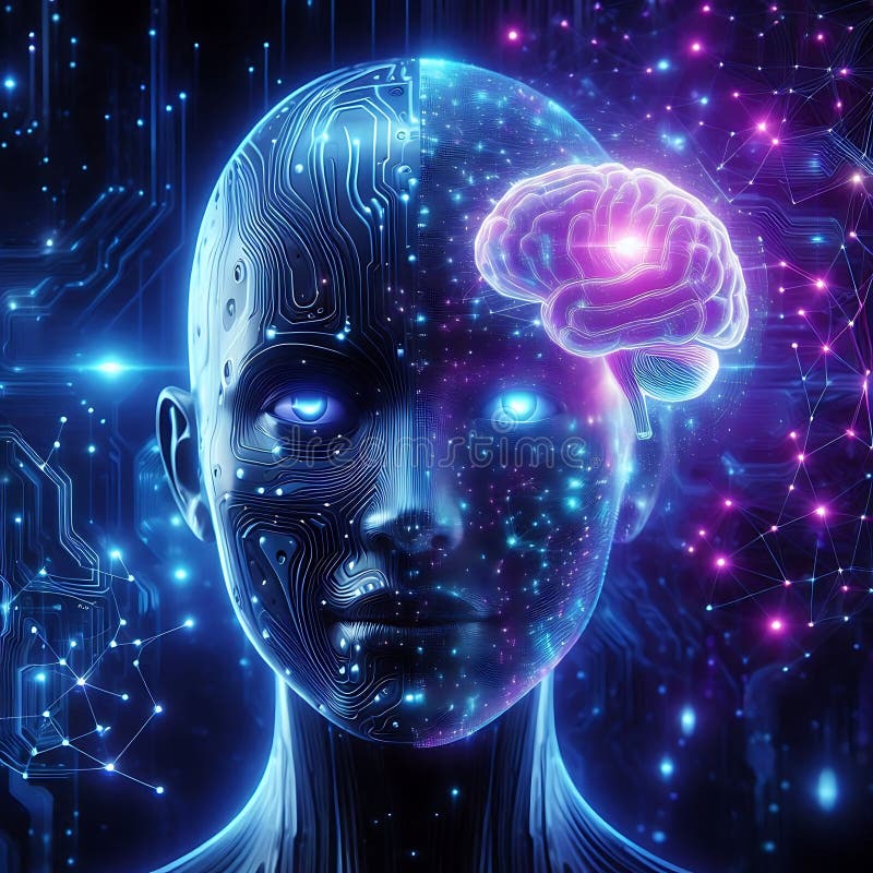 Futuristic Robot Face with Glowing Digital Brain Stock Illustration ...