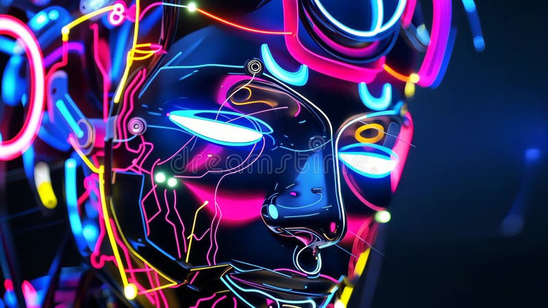 Futuristic Robot Face with Neon Lights, Close-up. Artificial ...