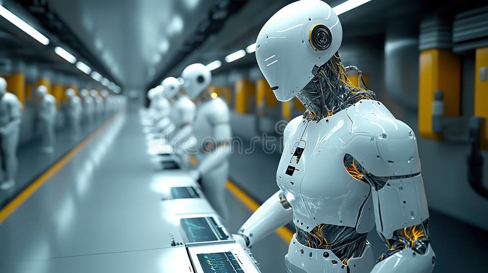 Futuristic robot factory stock illustration. Illustration of humanoid ...