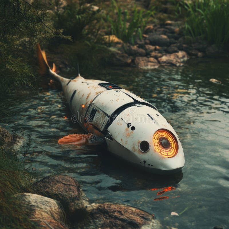 A Futuristic Robot Fish in a Still Pond Stock Illustration ...