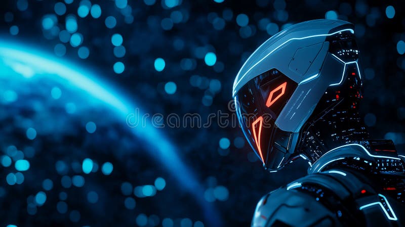 Futuristic Robot is Floating in Space with Earth Visible in Background ...