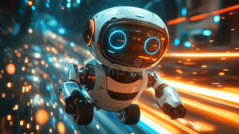 Futuristic Robot Flying through Vibrant Neon Lights in a Dynamic ...