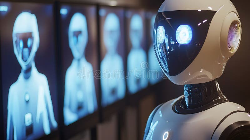 Futuristic Robot in Front of Digital Displays with Glowing Blue Eyes ...