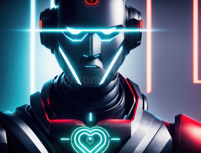 A Futuristic Robot with Glowing Eyes and a Heart-shaped Symbol on Its ...