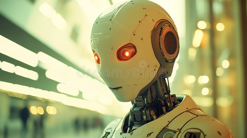 Futuristic Robot with Glowing Eyes in Modern Setting Stock Illustration ...