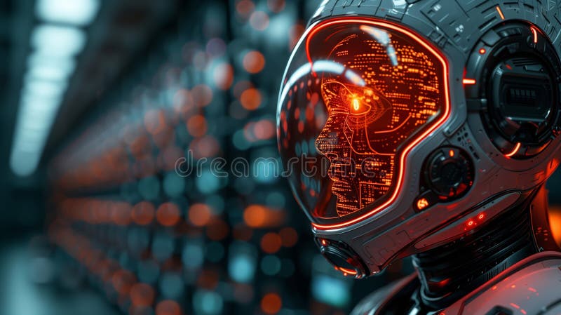 Futuristic Robot with Glowing Interface Standing before Server Racks ...