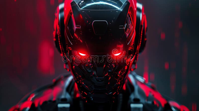 A Futuristic Robot with Glowing Red Eyes in a Dark, High-tech ...