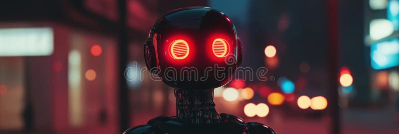 Futuristic Robot with Glowing Red Eyes in Urban Night Setting ...