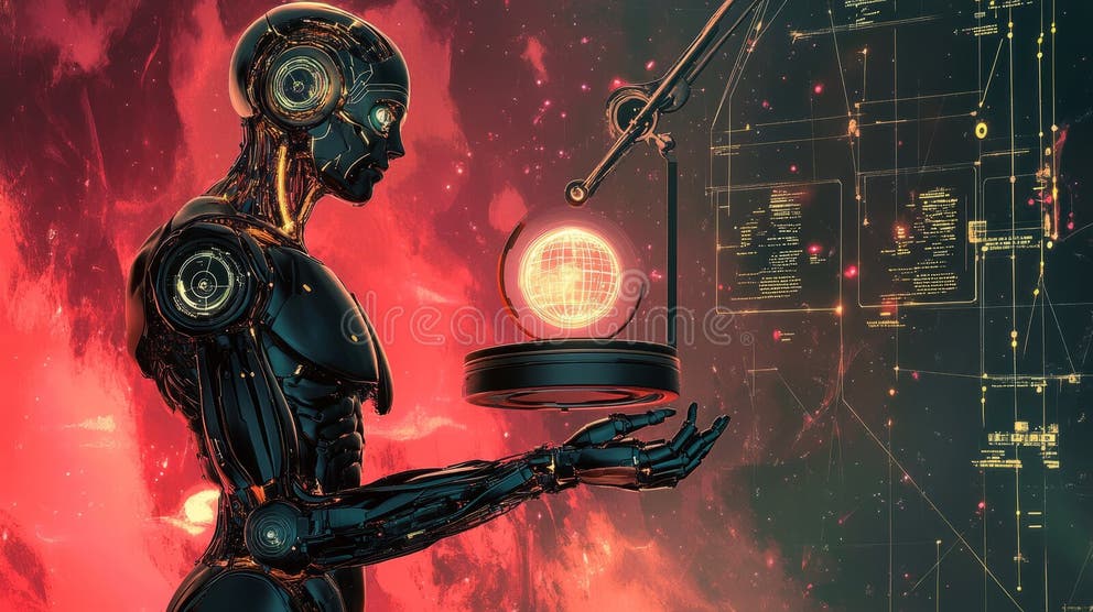 Futuristic Robot with Glowing Sphere and Data Screen Stock Illustration ...