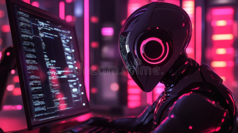 Futuristic Robot Hacker Coding in a Neon-lit Environment Stock Photo - Image of hacking, tech ...