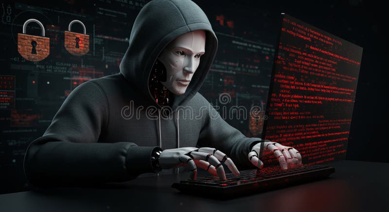 Futuristic Robot Hacker in Hoodie Typing at Computer with Cybersecurity ...