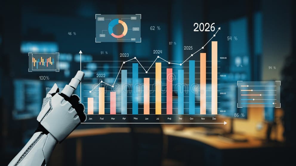Futuristic Robot Hand Analyzing Live Data Charts and Graphs in Modern ...
