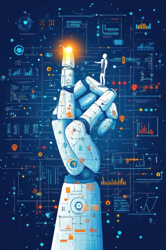 Futuristic Robot Hand with Data Visualization Symbols and Artificial ...