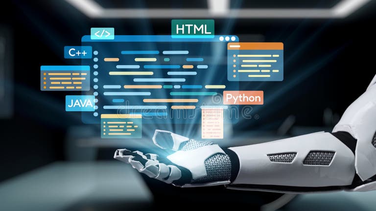 Futuristic Robot Hand Displaying Lines of Code in Various Programming Languages Including HTML ...