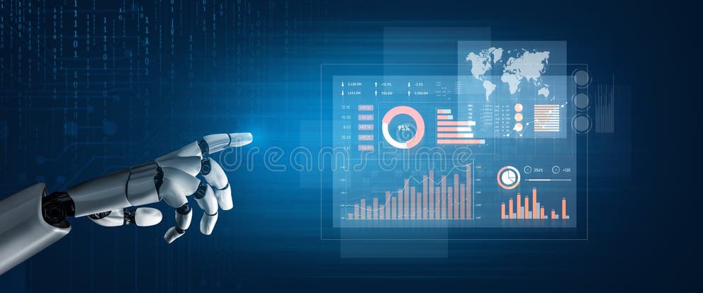 Futuristic Robot Hand Interacting with Data Visualization and Digital Graphs on High-Tech ...