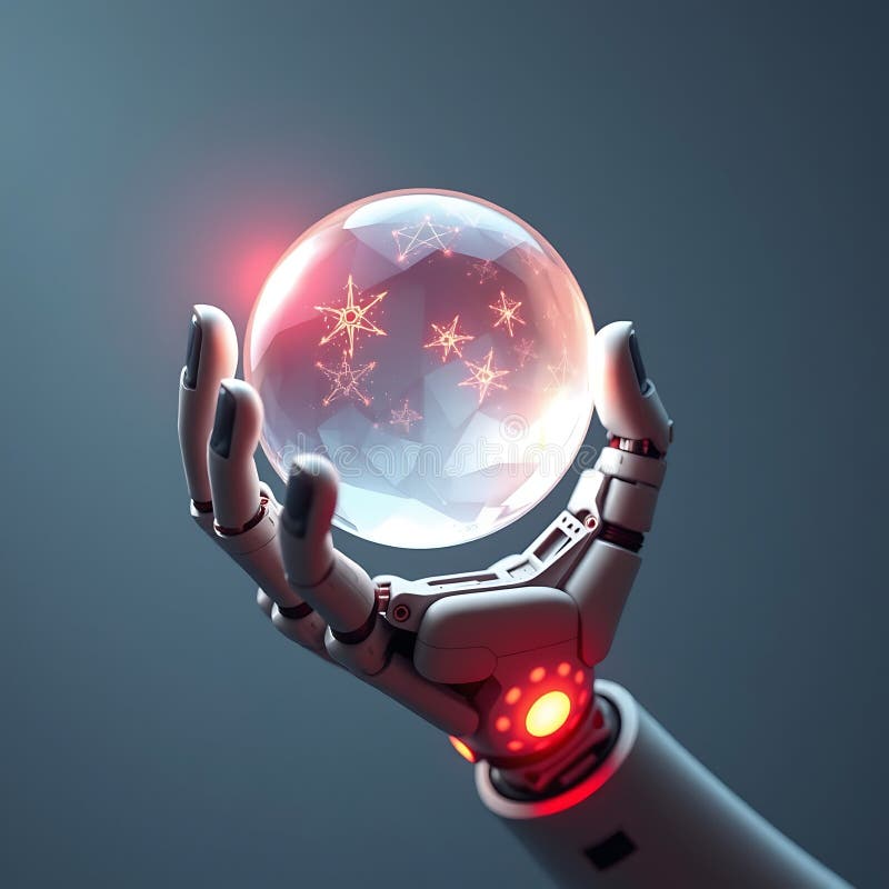 A Futuristic Robot Hand Holding a Glowing Crystal Orb Stock ...
