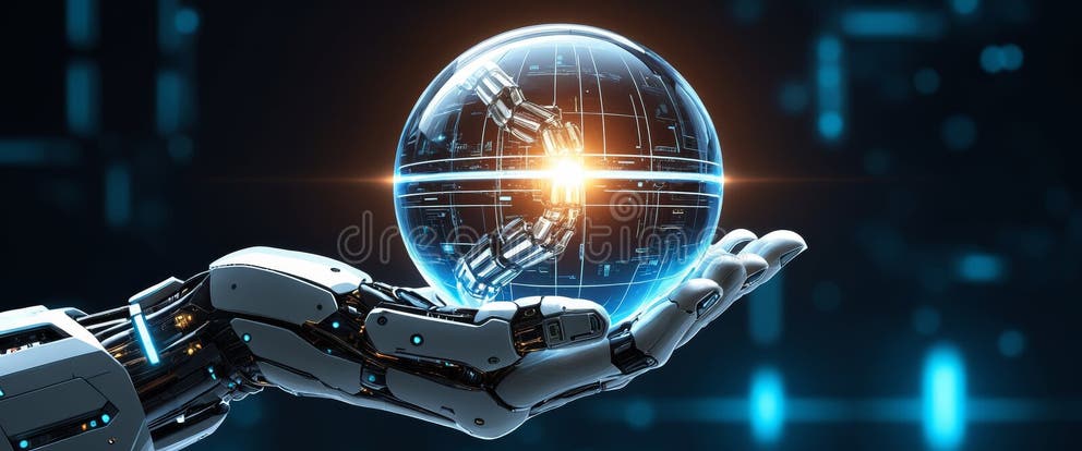 Futuristic Robot Hand Holding Glowing Digital Sphere in Advanced ...