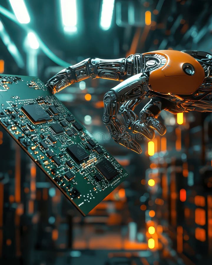 Futuristic Robot Hand Holding a Printed Circuit Board in a High-Tech Data Center with Glowing ...