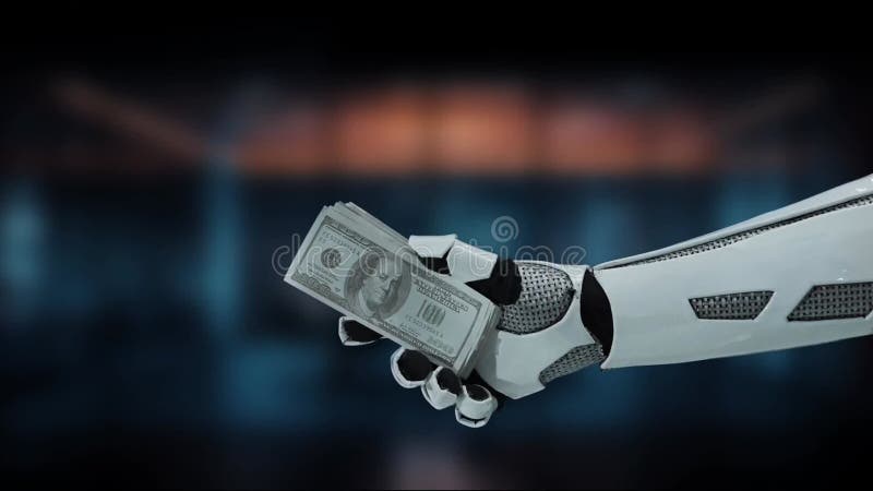 Futuristic Robot Hand Holding Stack of Dollar Bills in a High-Tech ...