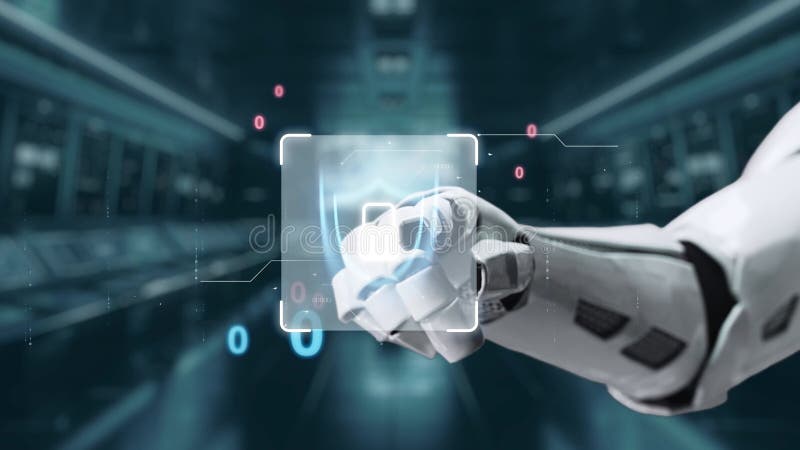 Futuristic Robot Hand Holding Digital Lock Icon with Data Streams and ...