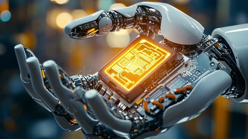 A Futuristic Robot Hand Holds a Glowing Microchip. this Image ...