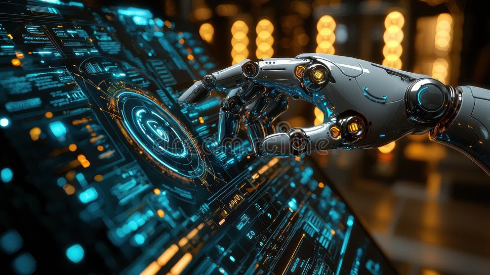 Futuristic Robot Hand Interacting with Digital Interface, Showcasing Advanced Technology and AI ...