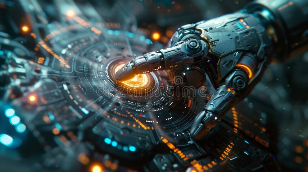 Futuristic Robot Hand Interacting with Virtual Reality Interface in a ...