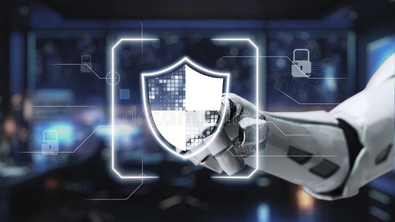 Futuristic Robot Hand Touching Digital Shield Symbolizing Cybersecurity ...