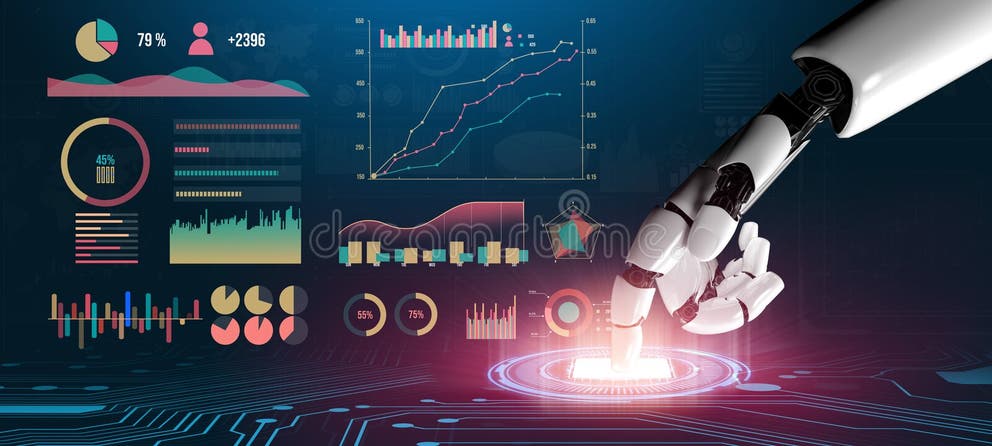 Futuristic Robot Hand Interacting with Digital Data Visualizations and Graphs in a Technology ...