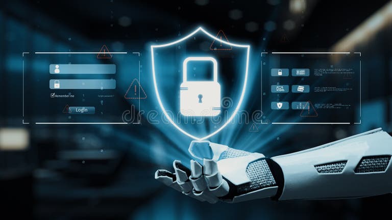 Futuristic Robot Hand Presenting a Digital Shield Symbolizing Security ...