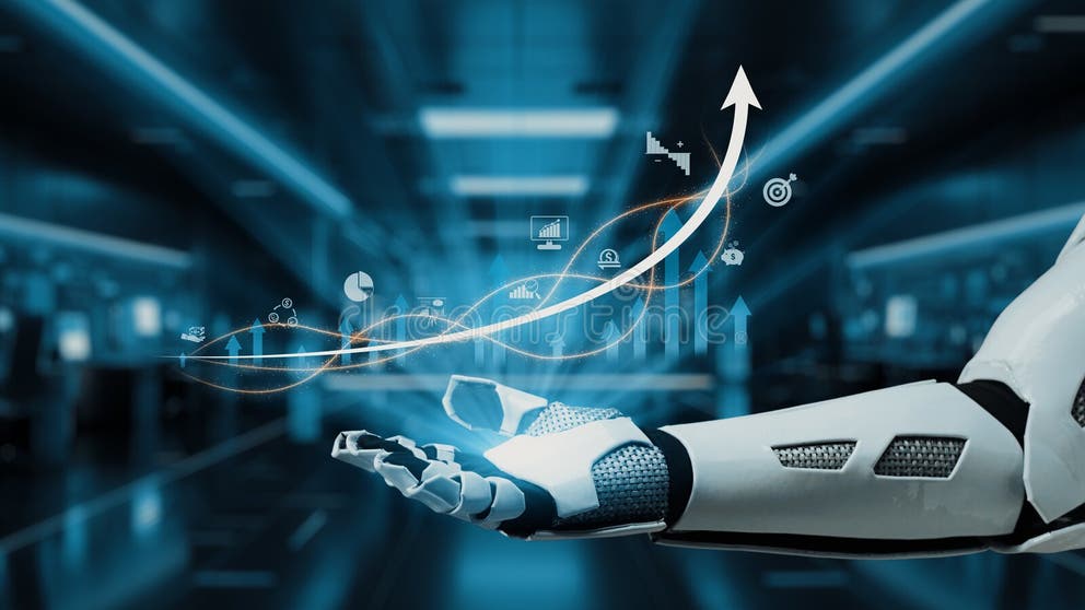 Futuristic Robot Hand Reaching Out with Data Visualizations and Graphs in a High-Tech ...