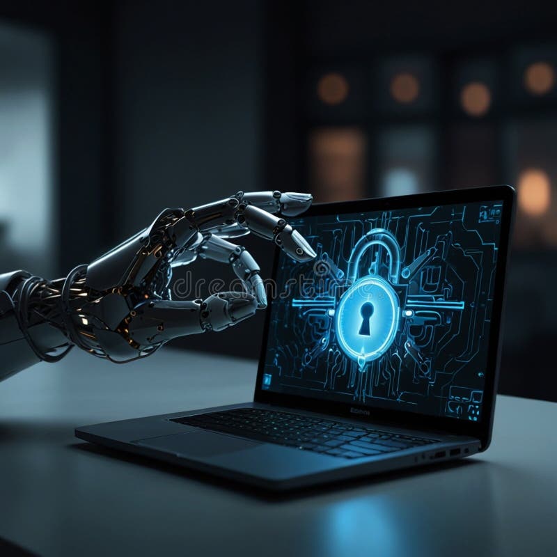 Futuristic Robot Hand Touching Laptop Screen with Cybersecurity Lock ...