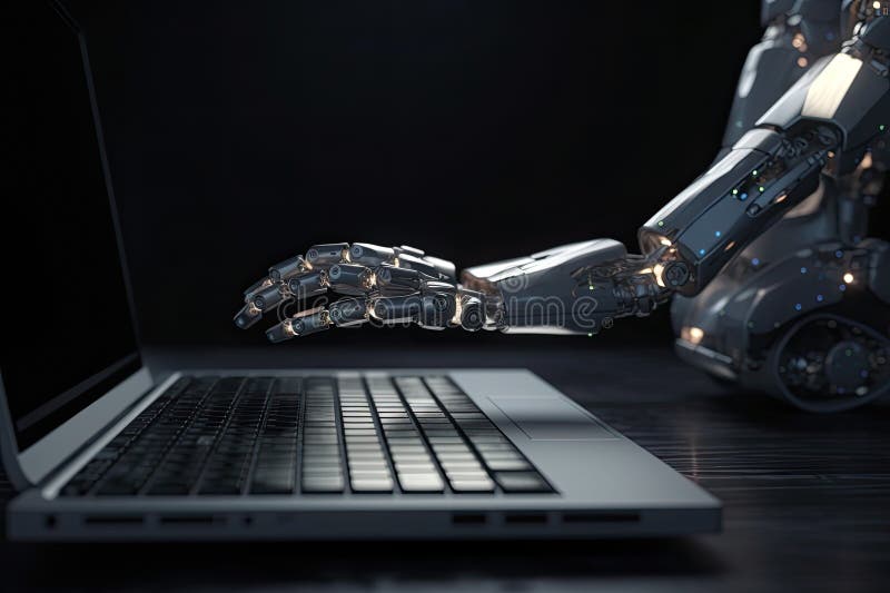 Robot Working at Computer. Maschine Typing on Keyboard in Office. it ...