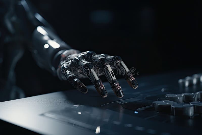 Futuristic Robot Hand Typing and Working with Laptop Keyboard ...