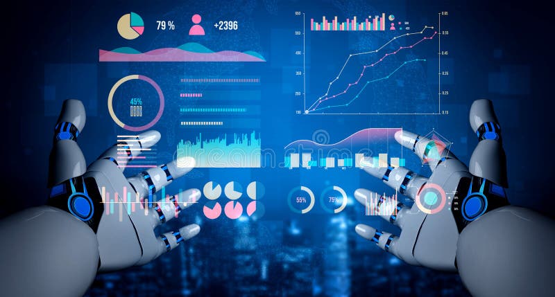 Futuristic Robot Hands Interacting with Data Visualizations and Graphs in a High-Tech Digital ...