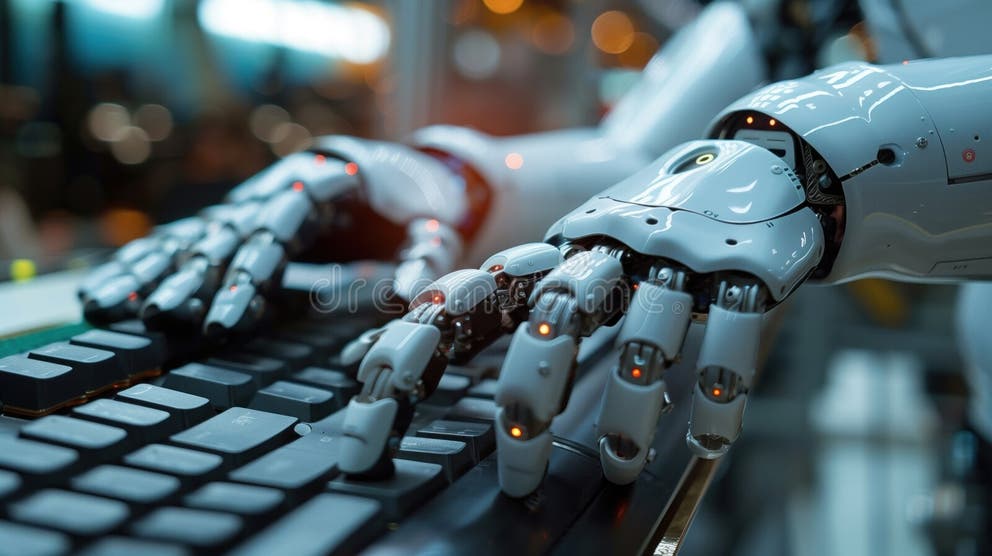 Futuristic Robot Hands Typing on Keyboard in Advanced Technology ...