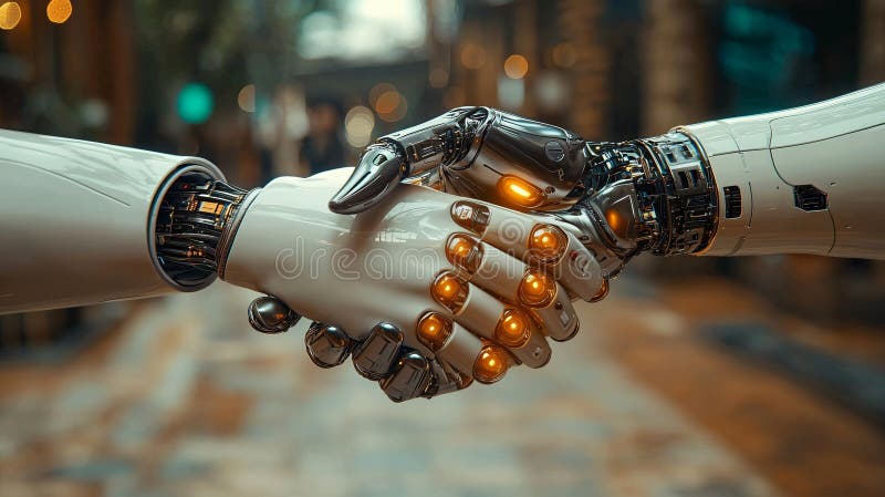 Futuristic Robot Handshake AI Collaboration Technology Partnership AI Generated. Stock Photo ...
