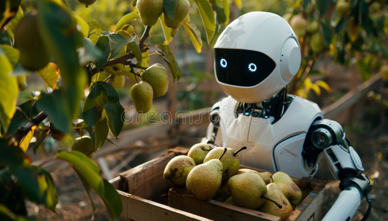 Futuristic Robot Harvesting Pears in Orchard Stock Illustration ...