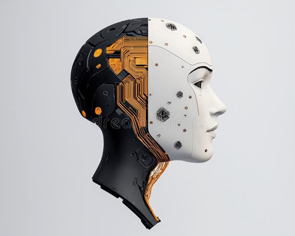 Futuristic Robot Head Design with Circuit Board Elements and Split ...