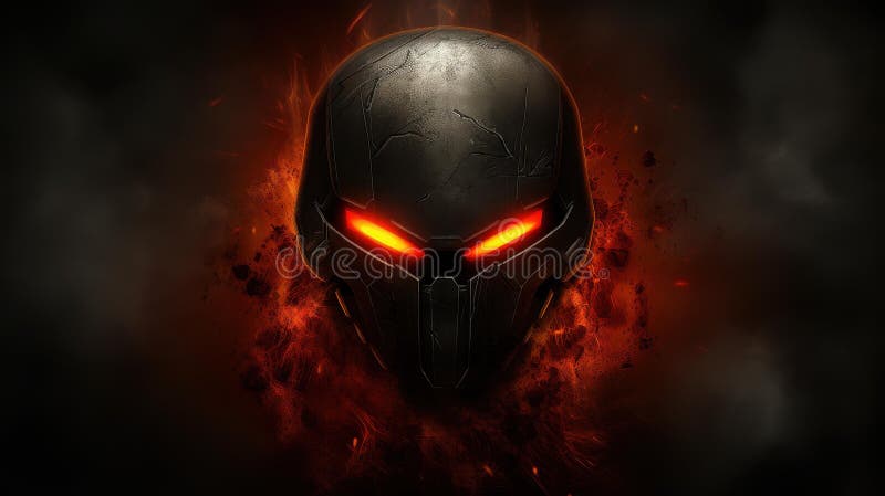 A Futuristic Robot Head Engulfed in Flames, Featuring a Red Brain and a ...