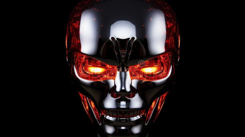 A Futuristic Robot Head Engulfed in Flames, Featuring a Red Brain and a ...