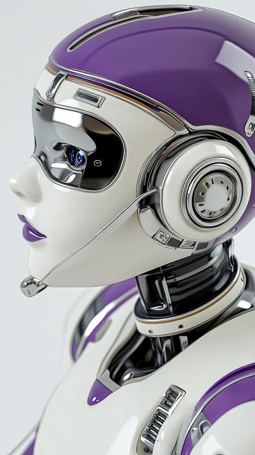 Futuristic Robot Head Features Intricate Purple Details, Showcasing ...