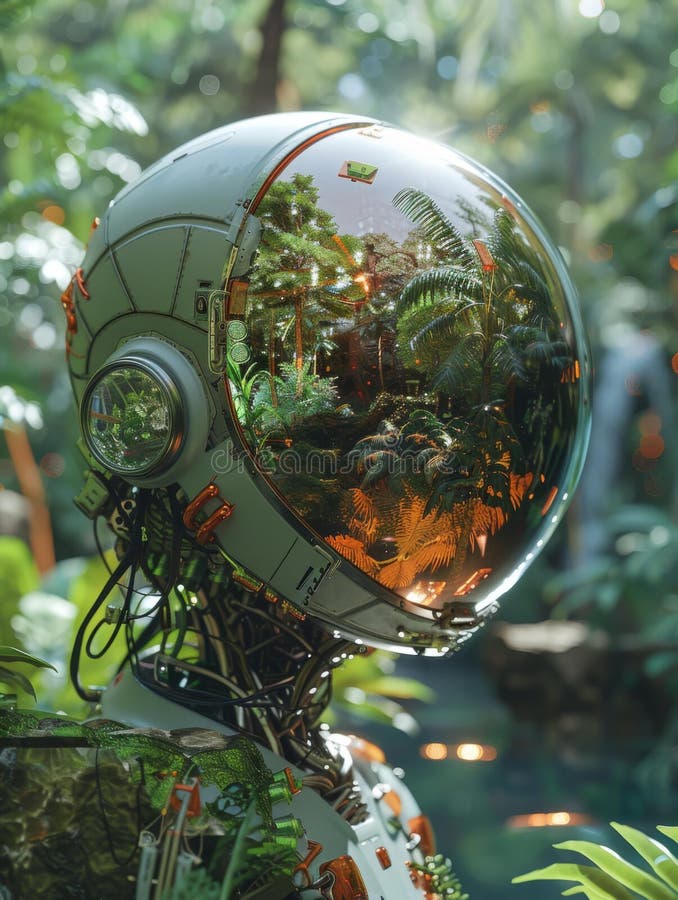 Futuristic Robot Head with Forest Reflection a Highly Detailed Image ...